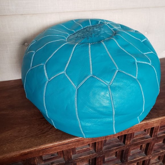 Accents | Moroccan Leather Pouf Poof Ottoman Teal Blue Handmade 2 X 20 ...